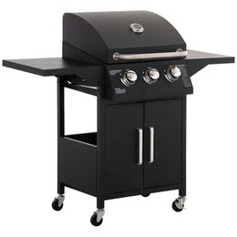 Outsunny Gasgrill BBQ mit 3 Brennern je 3 kw mobiler Grillwagen mit 4 Rädern Grillnetz Seitentischen