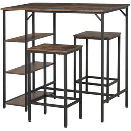 HOMCOM Bartisch-Set Stehtisch mit 2 Barhockern 3-teiliges Tischset Küchentresen mit Regale Spanplatte Stahl