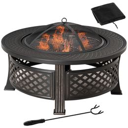 Outsunny Feuerschale mit Schürhaken Funkenschutz Feuerkorb Feuertisch rund Feuerstelle für Garten Camping BBQ