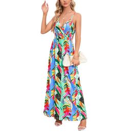 B.X Strandkleid Damen Sommer-Lässiges für tropisches Blumenmuster lange Kleider Spaghettiträger Boho-V-Ausschnitt fließende Strandkleider