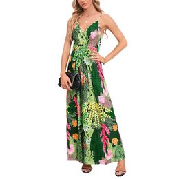 B.X Strandkleid Damen Sommer-Lässiges für tropisches Blumenmuster lange Kleider Spaghettiträger Boho-V-Ausschnitt fließende Strandkleider