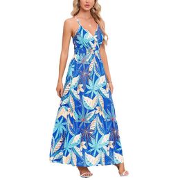 B.X Strandkleid Damen Sommer-Lässiges für tropisches Blumenmuster lange Kleider Spaghettiträger Boho-V-Ausschnitt fließende Strandkleider