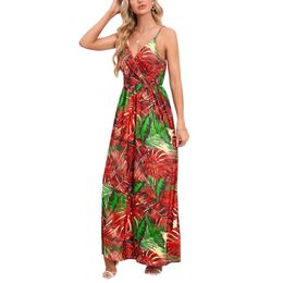 B.X Strandkleid Damen Sommer-Lässiges für tropisches Blumenmuster lange Kleider Spaghettiträger Boho-V-Ausschnitt fließende Strandkleider