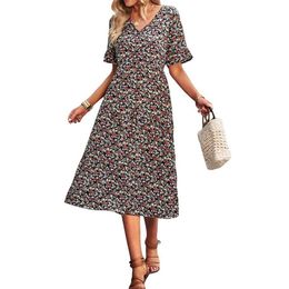 B.X Dirndl Damen-Sommerkleid mit V-Ausschnitt bedrucktA-Linie Blumen-Urlaubskleid Damen-Midikleider mit langen Ärmeln und Rundhalsausschnitt