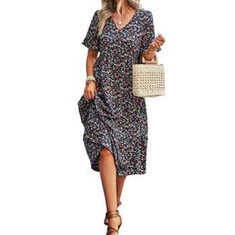 B.X Dirndl Damen-Sommerkleid mit V-Ausschnitt bedrucktA-Linie Blumen-Urlaubskleid Damen-Midikleider mit langen Ärmeln und Rundhalsausschnitt