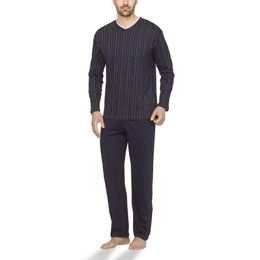 Moonline Pyjama Herren Schlafanzug lang aus 100% Baumwolle mit V-Ausschnitt und Streifen-Design