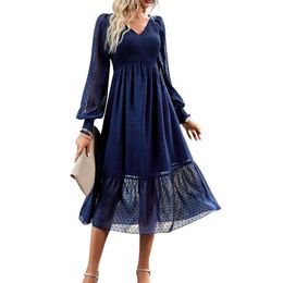 B.X Dirndl Damen V-Ausschnitt lässig Langarm hohe Taille Rüschen Midikleid Damen Langarm V-Ausschnitt Swiss Chiffonkleid Rüschen Midi-Kleider