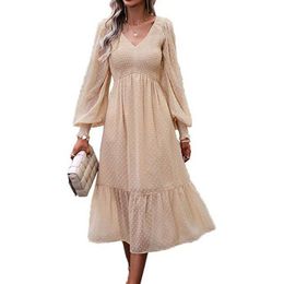 B.X Dirndl Damen V-Ausschnitt lässig Langarm hohe Taille Rüschen Midikleid Damen Langarm V-Ausschnitt Swiss Chiffonkleid Rüschen Midi-Kleider