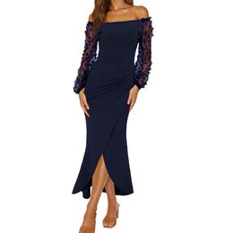 B.X Abendkleid Damen Lässige Slim-Fit Midi-Kleider Cocktailkleider Party Kleid Elegantes Off-Shoulder-Kleider Lange Ärmel Geschlitzter Wickelkleid