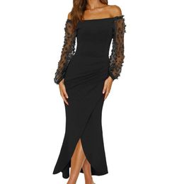 B.X Abendkleid Damen Lässige Slim-Fit Midi-Kleider Cocktailkleider Party Kleid Elegantes Off-Shoulder-Kleider Lange Ärmel Geschlitzter Wickelkleid