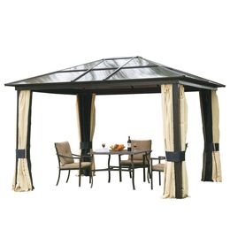 Outsunny Pavillon 3,6x2,95m Gartenpavillon Partyzelt PC-Dach Alu Braun+Beige