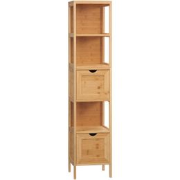 Badezimmerschrank, 3 Regale, 2 Schubladen, Bambus, 30 cm x 30 cm x 140 cm, Natur - Naturholz - kleankin