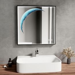 Emke - Quadratisch Badspiegel mit Beleuchtung 6500K LED-Lichtspiegel mit Beschlagfrei 60cm Mond Dekospiegel Touch Wandspiegel mit Schwarzem Rahmen