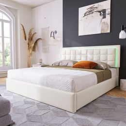 Betten Stauraumbett Doppelbett 180x200 cm mit led Bettkasten Kunstleder gepolstert Weiß - Weiß