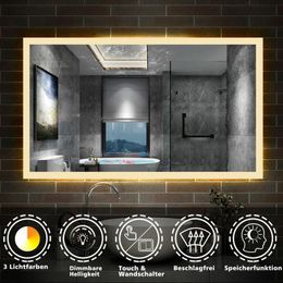 AICA SANITAIRE Badspiegel mit Beleuchtung Badezimmerspiegel Wandspiegel Wasserdicht Wandmontagespiegel Lichtspiegel 90 x 70 cm Beschlagfrei 3 Lichtfarben Dimmbar