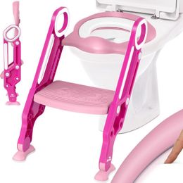 Kidiz Kinder Toilettensitz Toilettentrainer mit Treppe und Griffe Faltbar Kindertoilette wc Sitz Töpfchentrainer Lerntöpfchen bequemem Kissen Pink - Pink