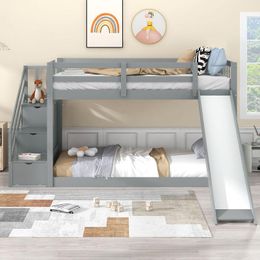 Merax Etagenbett 90x200cm mit Treppe, Rausfallschutz und Rutsche, 3 Schubladen in der Treppe, Kieferholz Kinderbett Stockbett Hausbett Jugendbett, Grau