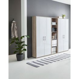 Abschließbare Regalwand/Schrankwand, Office Edition Set 10, Eiche Sonoma / weiß hochglanz - natur - Bmg Möbel