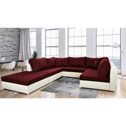 Wohnlandschaft Sofa andro mit Schlaffunktion und Hocker Weiss-Weinrot