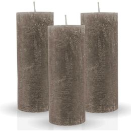 Rustikale Stumpenkerze 3er-Pack Taupe vers. Farben/Größen - lange Brenndauer Antik Kerze, Duftfreie Altarkerze - Dekokerze, Adventskerze - Taupe