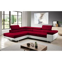 Zante Eckcouch L-Form Sofa Schlafsofa Couch Schlaffunktion MA120-KR02 Rot-Leder Weiß - Furnix
