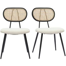 Miliboo Design-Stühle aus Stoff mit Wolleffekt in Off-White, schwarzem Metall und naturfarbenem Rattangeflecht (2er-Set) tolma - Weiß