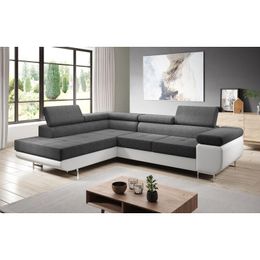 Zante Eckcouch L-Form Sofa Schlafsofa Couch Schlaffunktion MA120-OR96 Dunkelgrau-Leder Weiß - Furnix