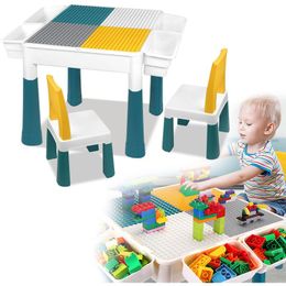 Kindertische Kindertisch Aktivitätstisch Set mit 163 Stück Bausteine 2 Stühle Multifunktionaler Bausteintisch mit doppelseitiger Tischplatte