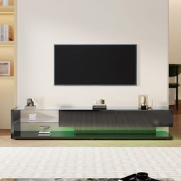 TV-Schränke, Lowboards, Hochglanz-Wohnzimmermöbel. Glastrennwände und variable LED-Beleuchtung. Es verbindet natürlichen, rustikalen Stil mit