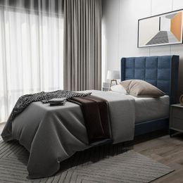 Modernes Design Polsterbett Mit seinem gepolstertes Kopfteil Einzelbett mit Lattenrost, 90x200cm ,in Blau Leinen, mittelfest (Ohne Matratze) Okwish