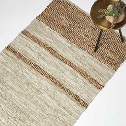 Homescapes Lederteppich beige-braun gestreift 120 x 170 cm – Teppich aus Recycling-Leder - Braun-Beige