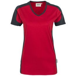 Damen V-Shirt Contrast mikralinar® rot/anthrazit, m - HAKRO