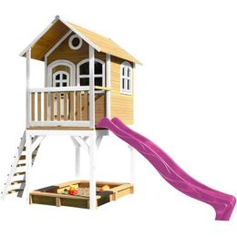 AXI Spielhaus Sarah mit Sandkasten & lila Rutsche Stelzenhaus in Braun & Weiß aus fsc Holz für Kinder Spielturm mit Wellenrutsche für den Garten - Braun