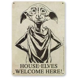 logoshirt - Harry Potter Blechschild Dobby House Elves Welcome Here beige/schwarz, 100 % Weißblech, mit Befestigungslöchern.