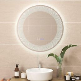 60cm LED-Badspiegel mit 3-farbigen Lichtern, dimmbarem Touch-Schalter und Anzeige, Anti-Beschlag Kosmetikspiegel runder Badezimmerspiegel - Costway