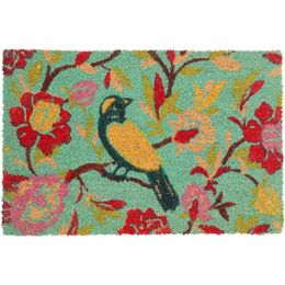 Fußmatte Kokos, mit Vogel & floralem Muster, gummiert, innen & außen, Türvorleger, 60 x 40 cm, mehrfarbig - Relaxdays