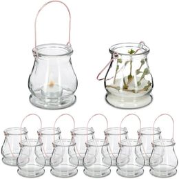 Windlicht, 12er Set, Glas, mit Henkel aus Metall, innen & außen, Teelichthalter, HxD: 10 x 8,5 cm, transparent - Relaxdays