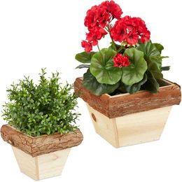 Blumentopf 2er Set, Spießtanne mit Rinde, außen & innen, eckig, 2 Größen, Topf für Pflanzen und Blumen, natur - Relaxdays