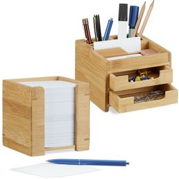 Relaxdays - 2 tlg. Schreibtisch Set, Schreibtisch-Organizer mit Stiftehalter und Schubladen, Zettelbox mit Notizzetteln, Bambus