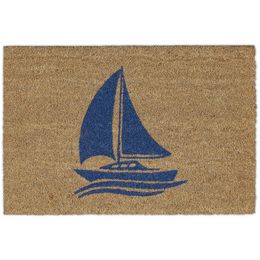 Fußmatte Kokos, mit Segelschiff-Motiv, Türmatte außen & innen, maritime Kokosmatte, BxT: 60x40 cm, natur/blau - Relaxdays