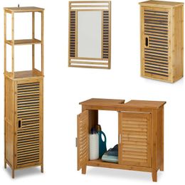 Relaxdays 4 teilige Badezimmer-Einrichtung, aus Bambus, Waschbeckenunterschrank, Badezimmerschrank, Badregal, Spiegel