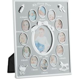 Babybilderrahmen, first year, Monatsbilderrahmen Alu, 12 Monate, 29 x 24 cm, Collage zum Aufstellen, Silber - Relaxdays