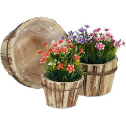 Holz Blumentopf im 3er Set, für außen & innen, mit Folie, 3 Größen, Kastanienholz, runde Pflanzengefäß, natur - Relaxdays