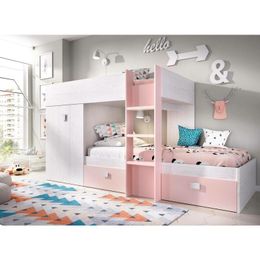 Kinderbett Dbajram, Komplettes Schlafzimmer mit Kleiderschrank und Schubladen, Etagenbettkomposition mit zwei Einzelbetten, 271 x 111 x 150 cm, Weiß