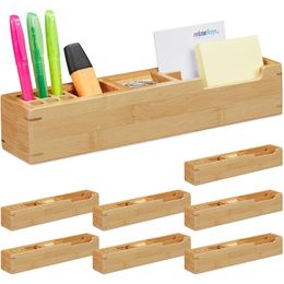 Relaxdays - 8 x Schreibtisch Organizer Bambus, 11 Fächer Aufbewahrungsbox, Stifteköcher, Büro Organizer, HxBxT: 6 x 32 x 7 cm, natur