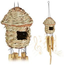 Windspiel 2er Set, aus Bambus & Stroh, für innen & außen, Deko Vogelhaus, Klangspiel, HxD: 67,5x13,5cm, natur - Relaxdays