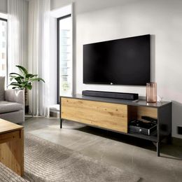 TV-Ständer Dlell, niedriges Sideboard für Wohnzimmer, Sideboard für Wohnzimmer für Fernseher, 132 x 39 x 44 cm, Eiche Nodes und Anthrazit - Dmora