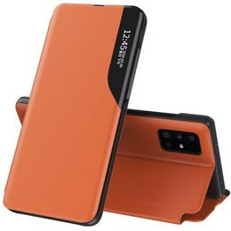 MARKENLOS Eco Leather View Case Buch Tasche Leder Handyhülle Schutzhülle aufklappbare Hülle Standfunktion kompatibel mit Samsung Galaxy A51 (A515F) Orange
