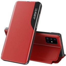 MARKENLOS Eco Leather View Case Buch Tasche Leder Handyhülle Schutzhülle aufklappbare Hülle Standfunktion kompatibel mit Huawei P40 Pro Rot