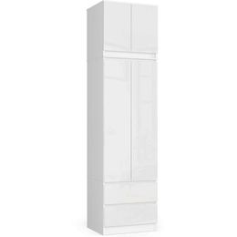 Kleiderschrank Akord S60 mit Aufsatz Weiß 60 cm 2 Türen 2 Schubladen 3 Ebenen Front Weiß Hochglanz B60 x H234 x T51 cm